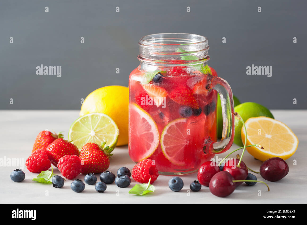 summer berry lemonade with lime and mint in mason jar Stock Photo - Alamy