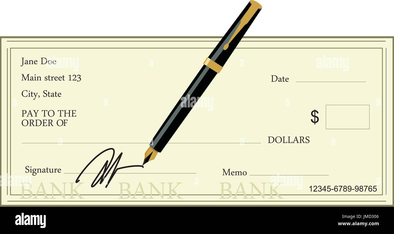Vector illustration of blank bank check with golden pen and signature ...