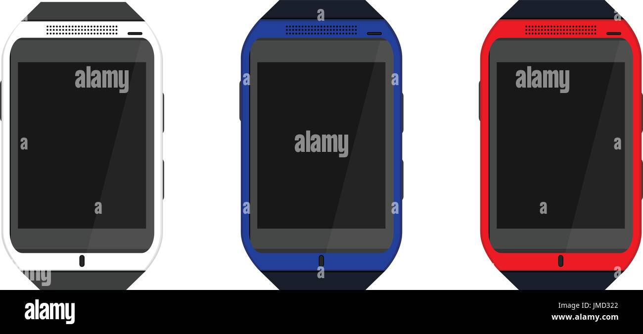 Vector illustration realistic white, blue and red smartwatch. Wearable ...