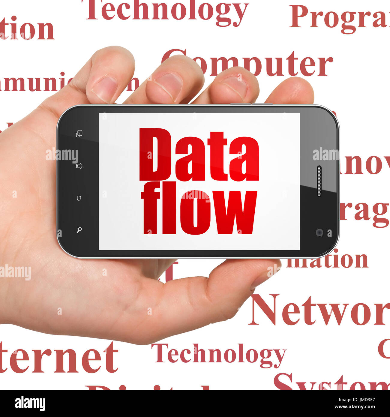Information concept: Hand Holding Smartphone with Data Flow on display ...