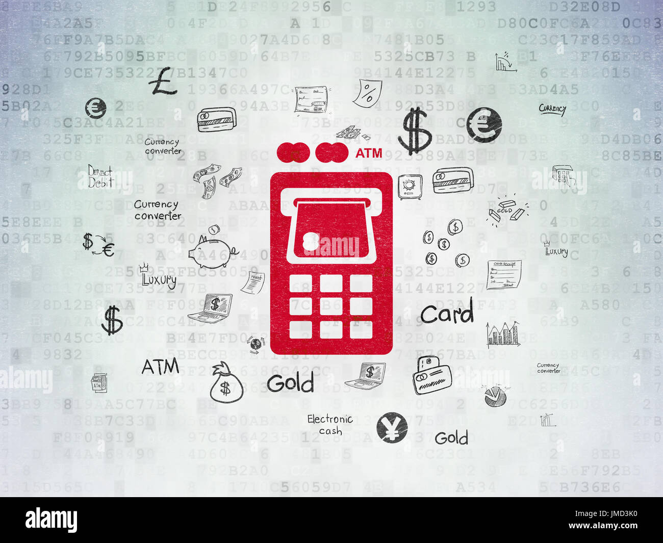 Banking concept: ATM Machine on Digital Data Paper background Stock ...