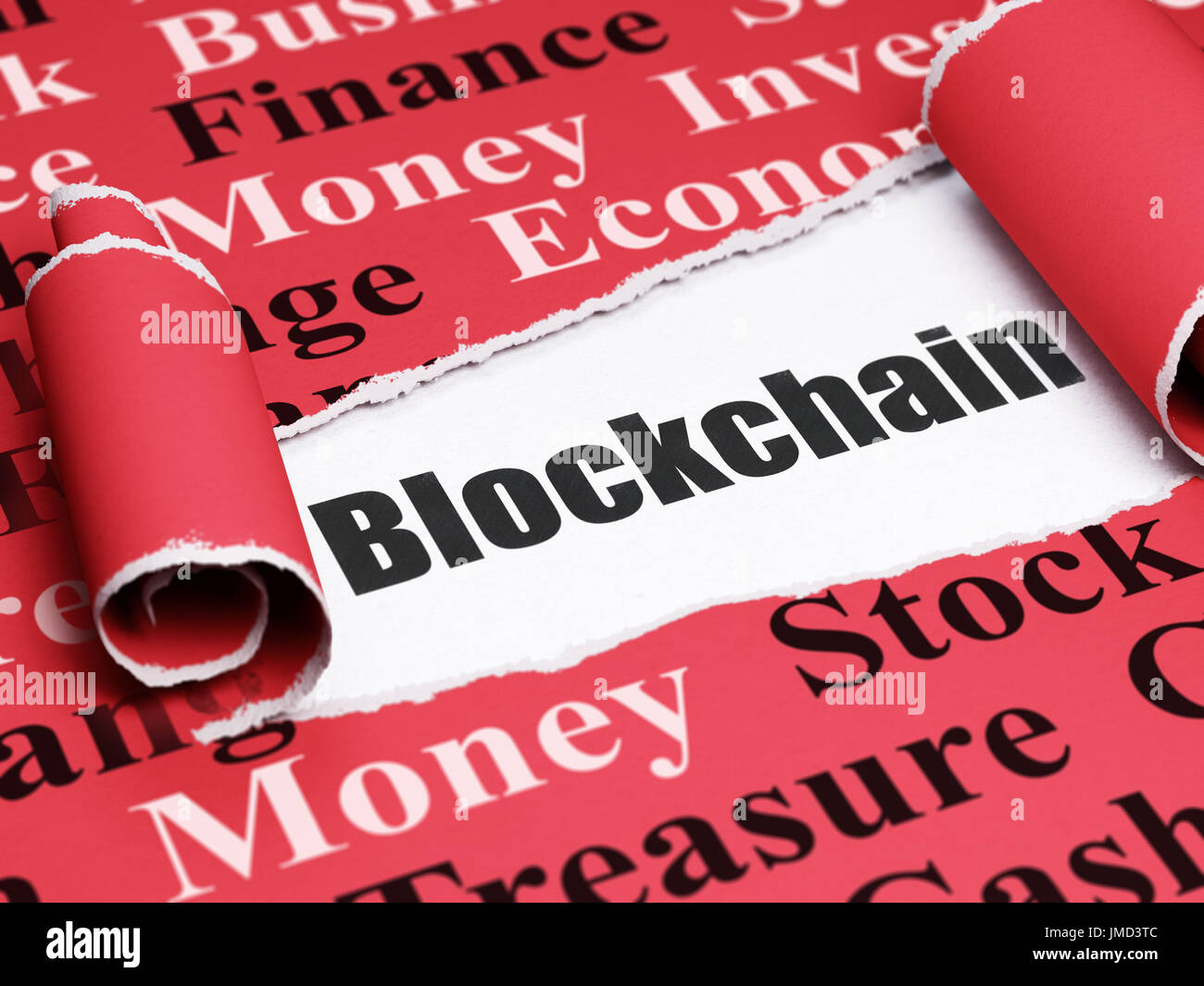 Money concept: black text Blockchain under the piece of torn paper ...