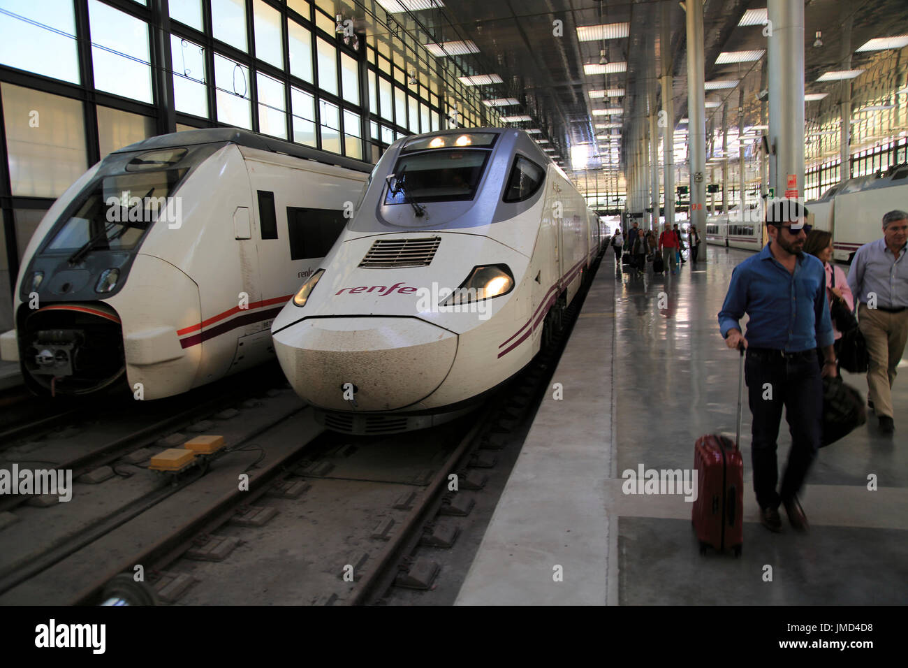 RENFE trains at platform railway station building interior, Cadiz ...