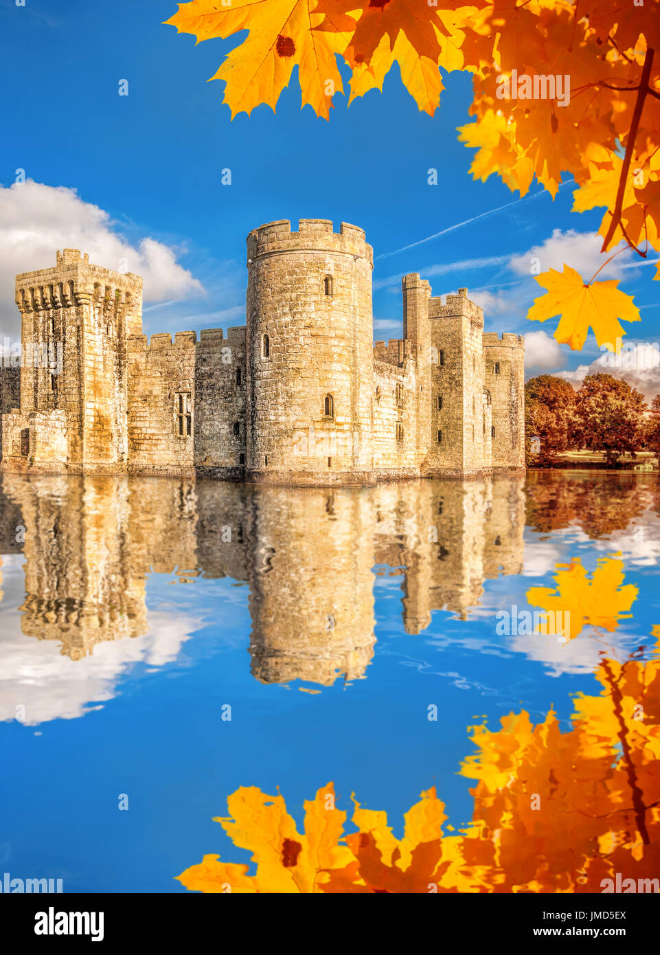 Historic Bodiam Castle with autumn leaves in East Sussex, England Stock ...