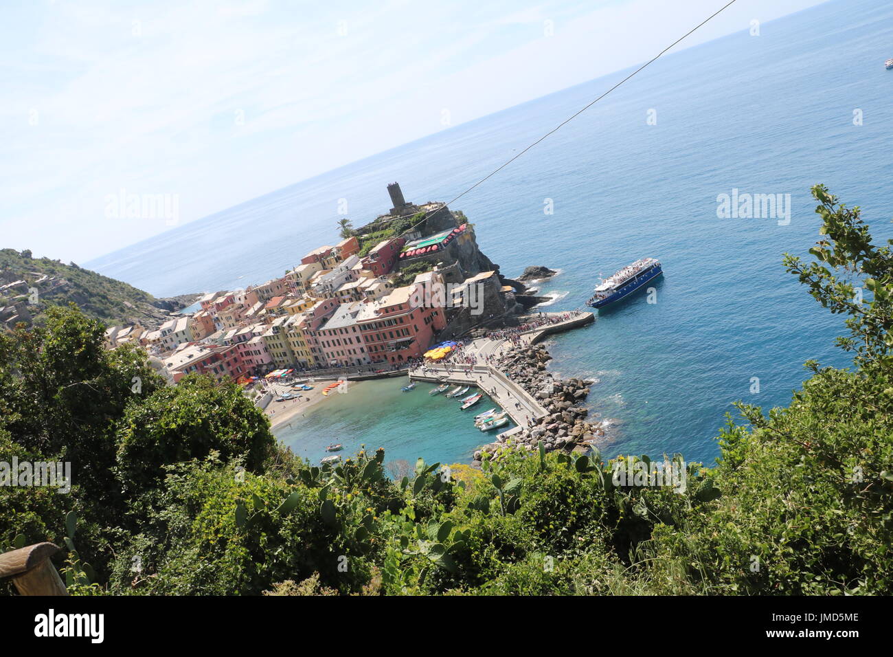 View of one of the five villages with colourful buildings along the ...