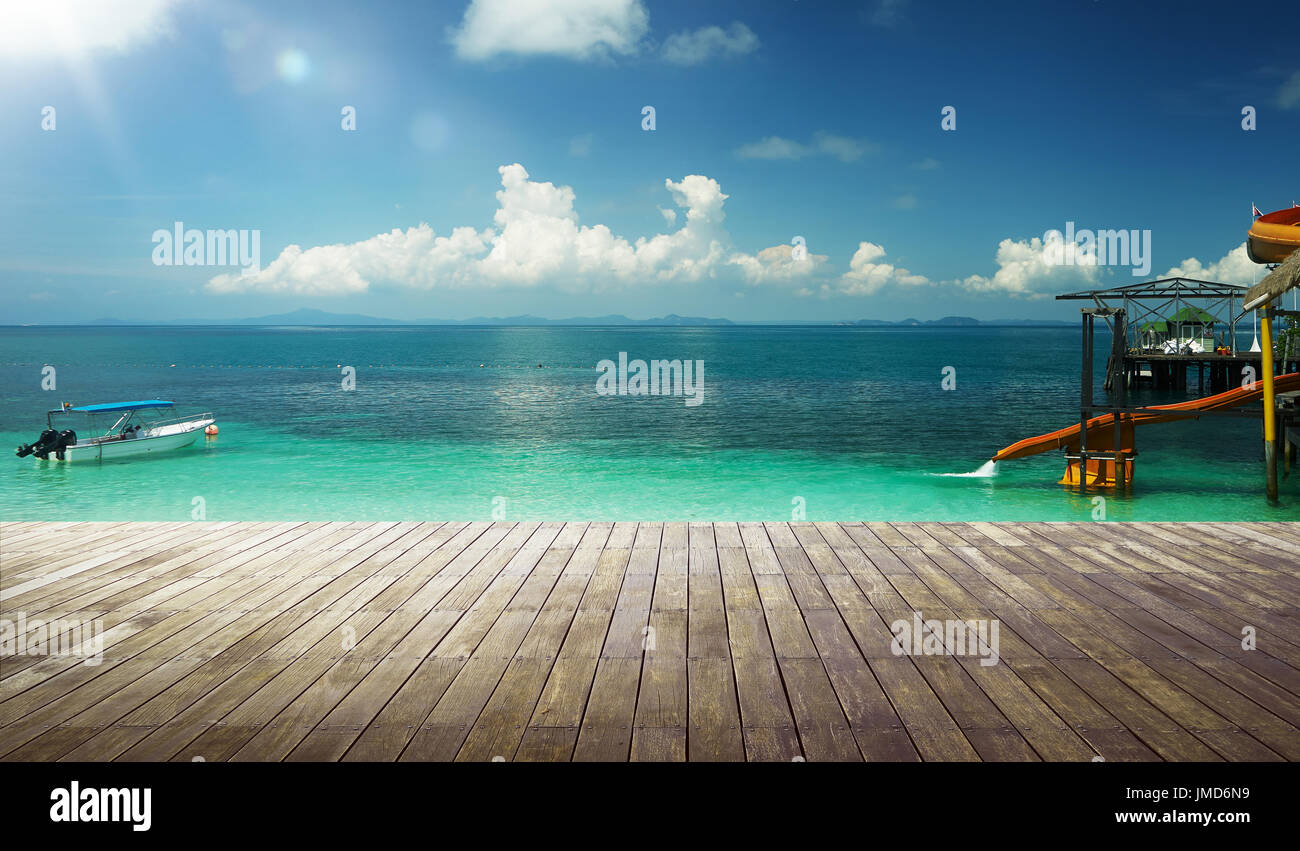 Empty wood jetty floor in front of beautiful afternoon seascape Stock ...