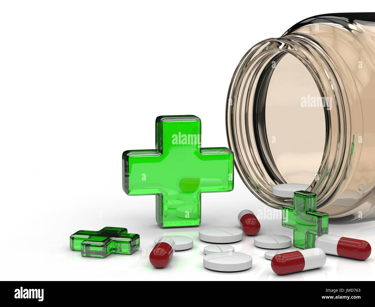 green cross and pills spill out of bottle Stock Photo - Alamy