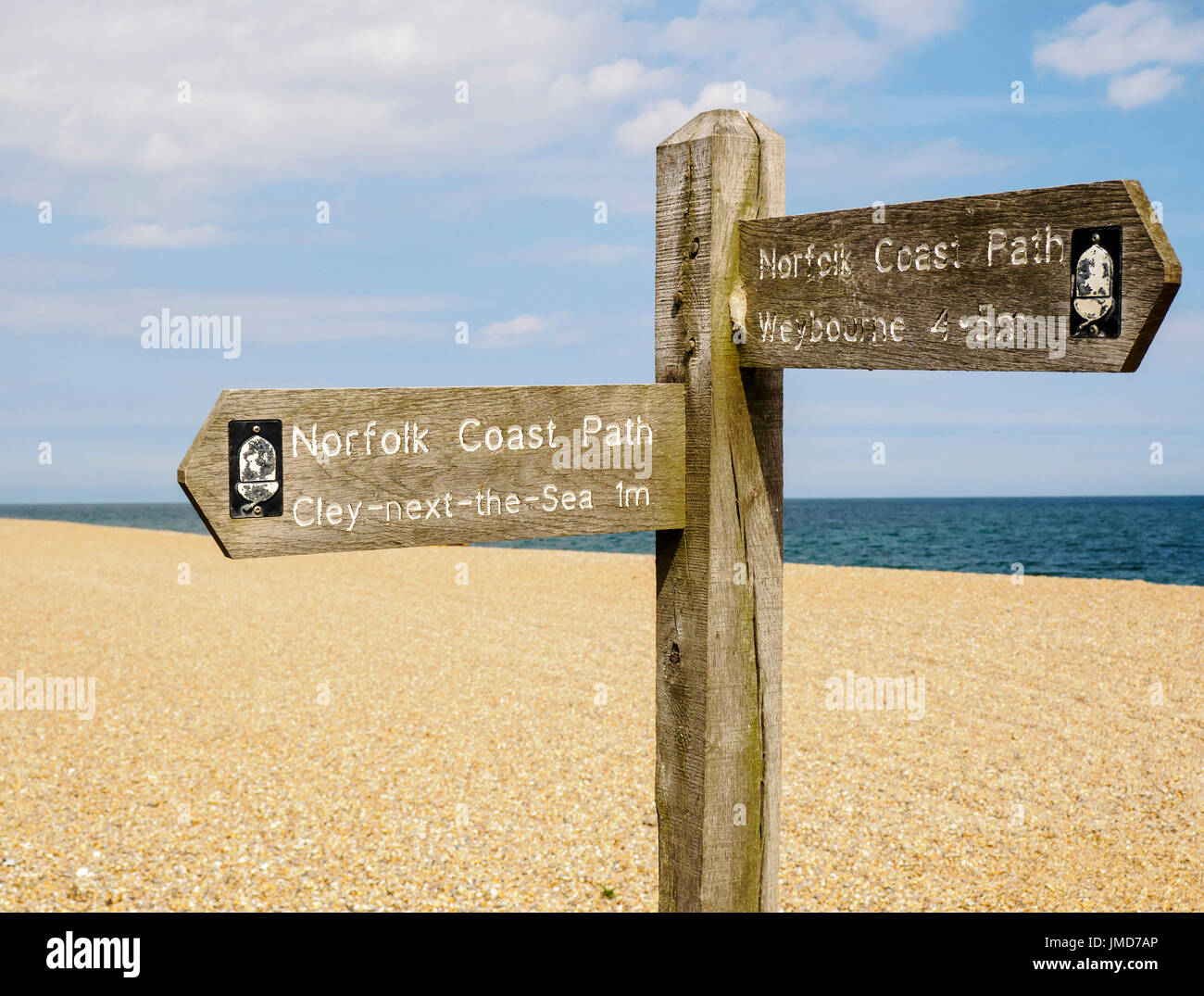 Direction sign for the Norfolk Coast Path on the beach at Cley-next the ...