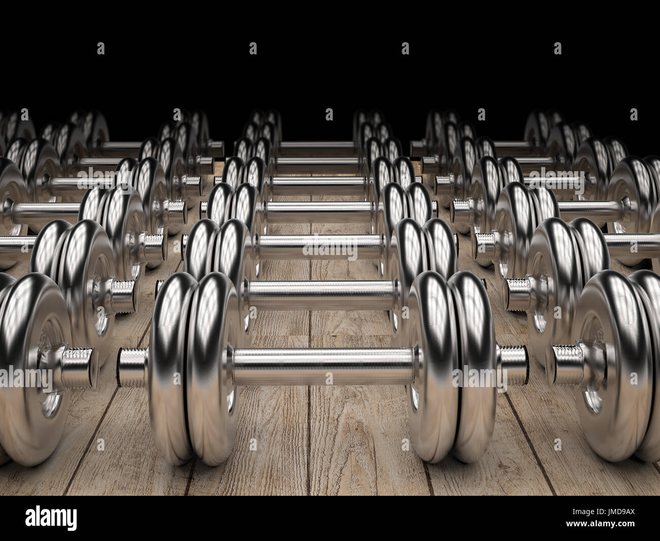 3d rendering shiny metal dumbbell on wooden floor Stock Photo - Alamy
