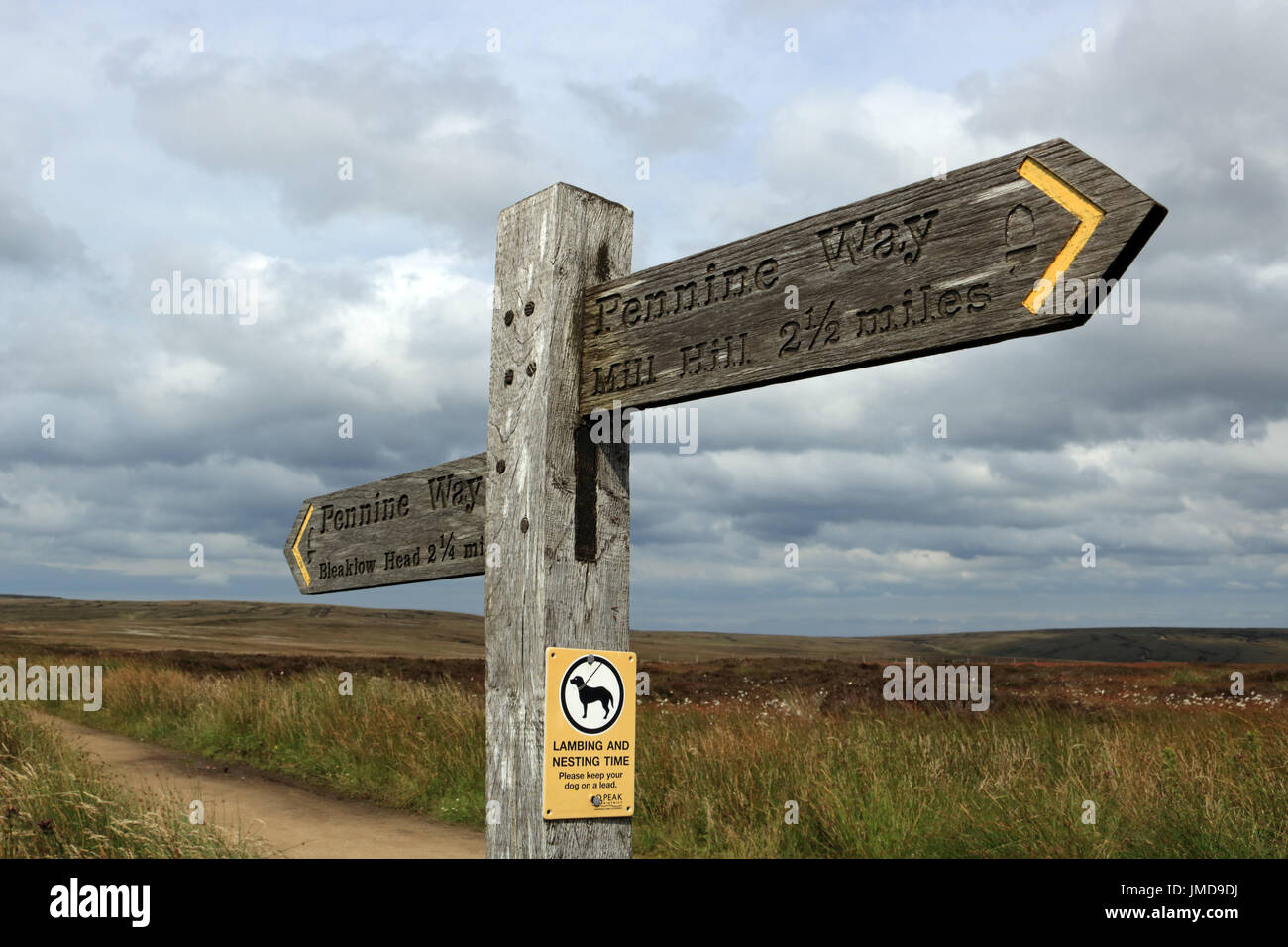Pennine Way wooden footpath sign in the Peak District National Park ...