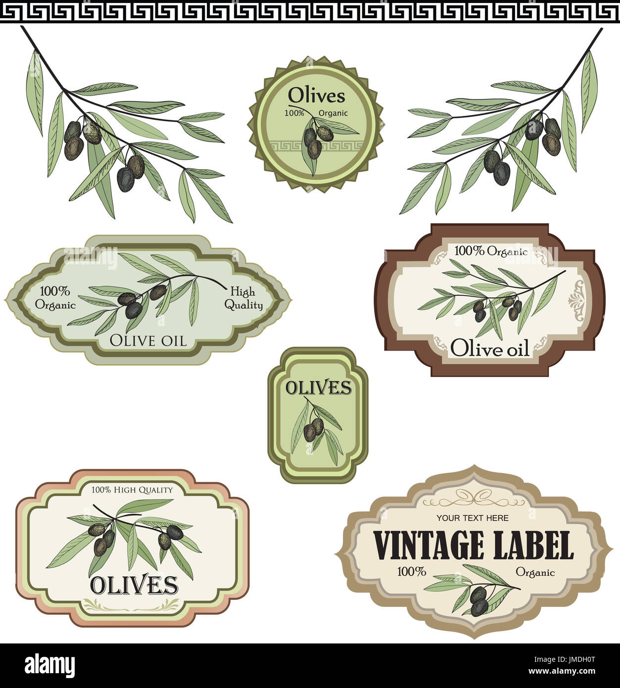 Vintage olive labels set. Organic food colored sketch sign set ...