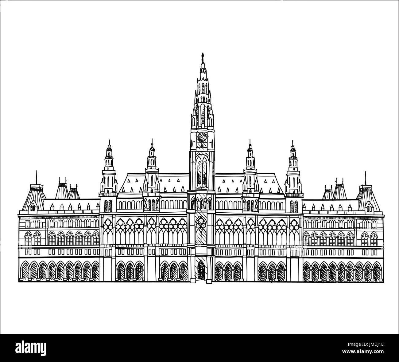 Austrian landmark. Town hall building in Vienna, Austria. Hand drawn ...