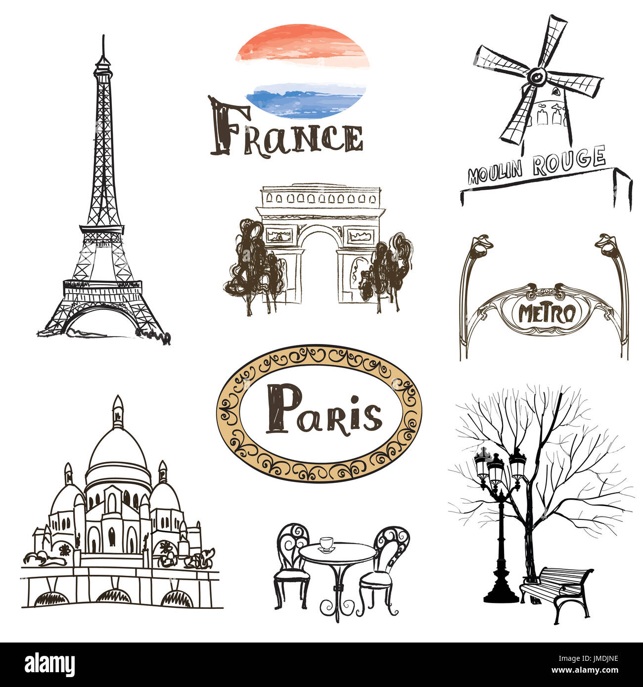 Paris icons set. Hand-drawn sketch of France landmarks: Eiffel Tower ...