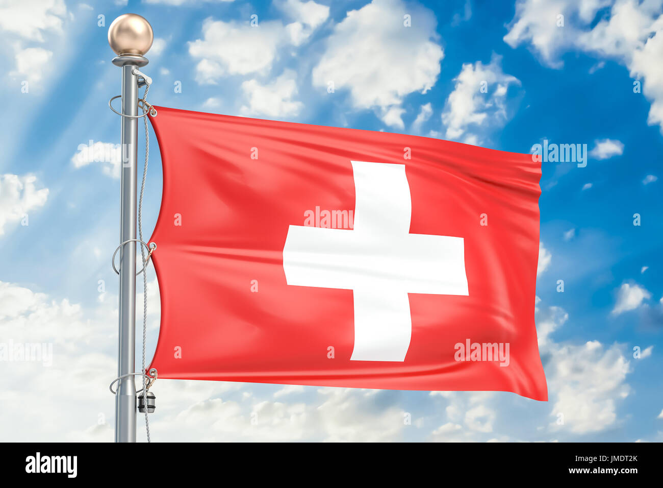Swiss flag waving in blue cloudy sky, 3D rendering Stock Photo - Alamy