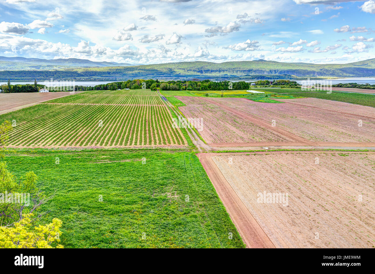 Aerial cityscape landscape view of farmland in Ile D'Orleans, Quebec ...