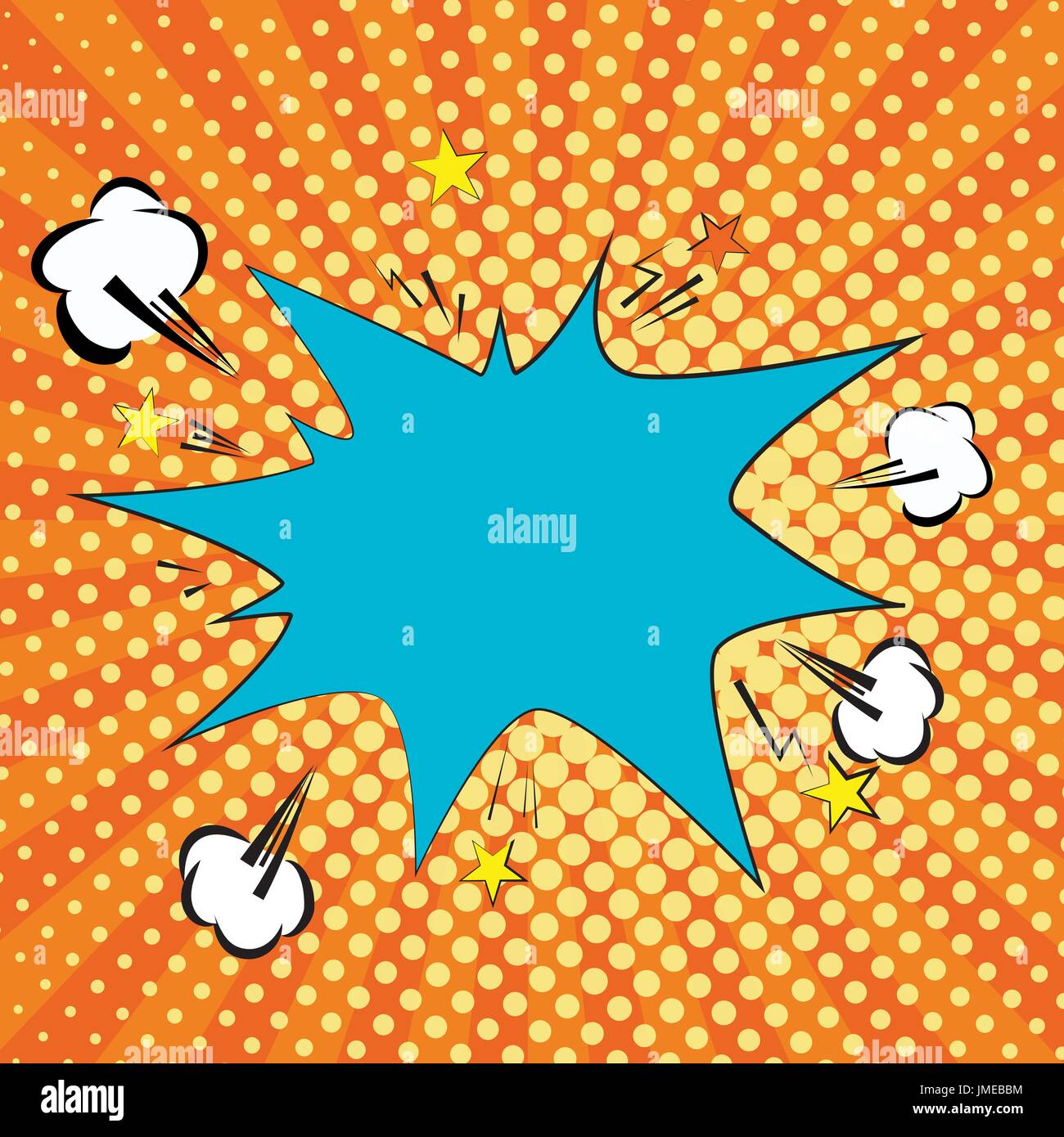 Orange, yelow rays and dots pop art background. clouds and speech star bubble for text. retro ...