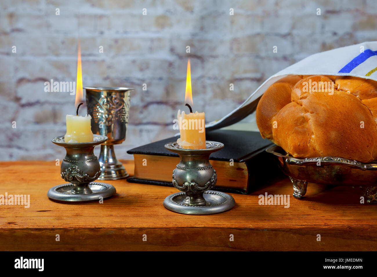 Shabbat or Sabbath kiddush ceremony composition with red kosher wine ...