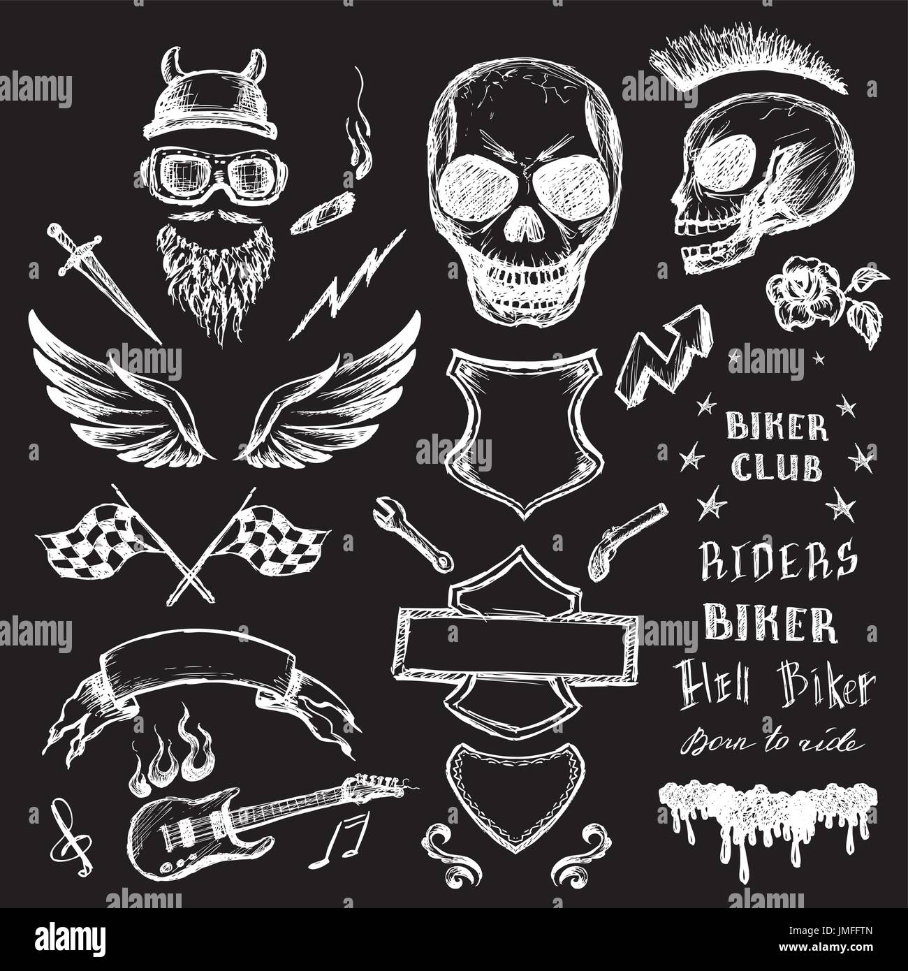 bikers doodles set, hand drawn design elements. vector illustration ...