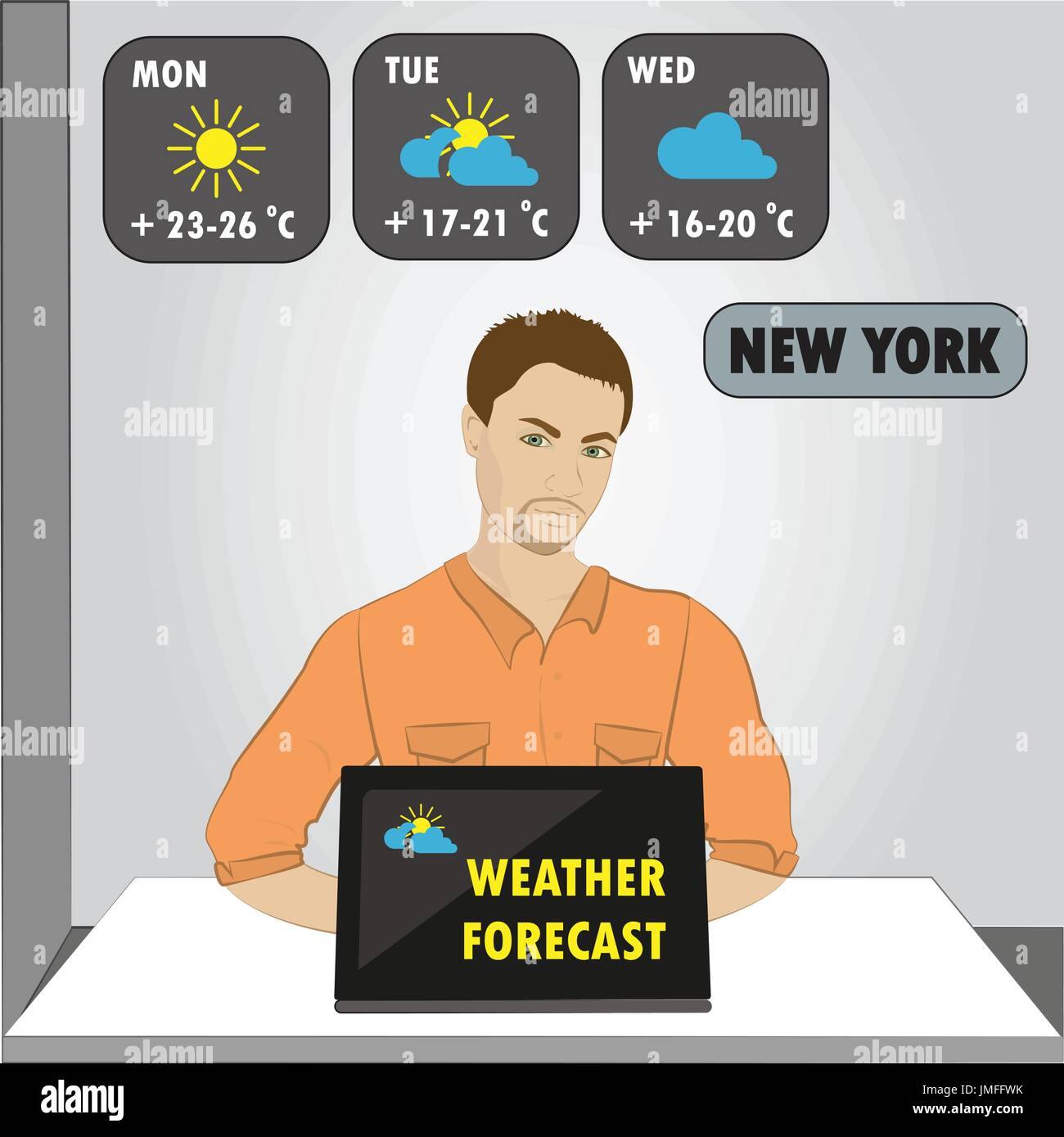 man sitting on computer,TV weather reporter at work, vector ...
