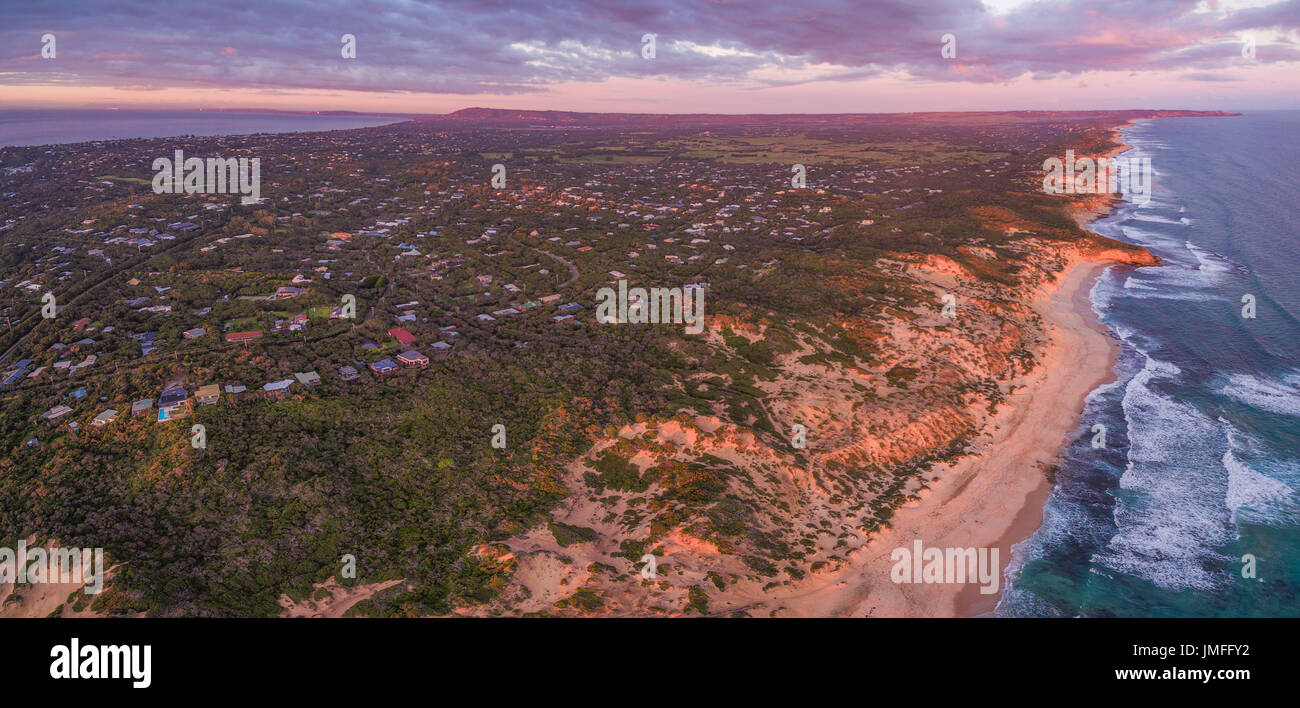 Aerial panorama of Mornington Peninsula suburban areas near Rye at ...