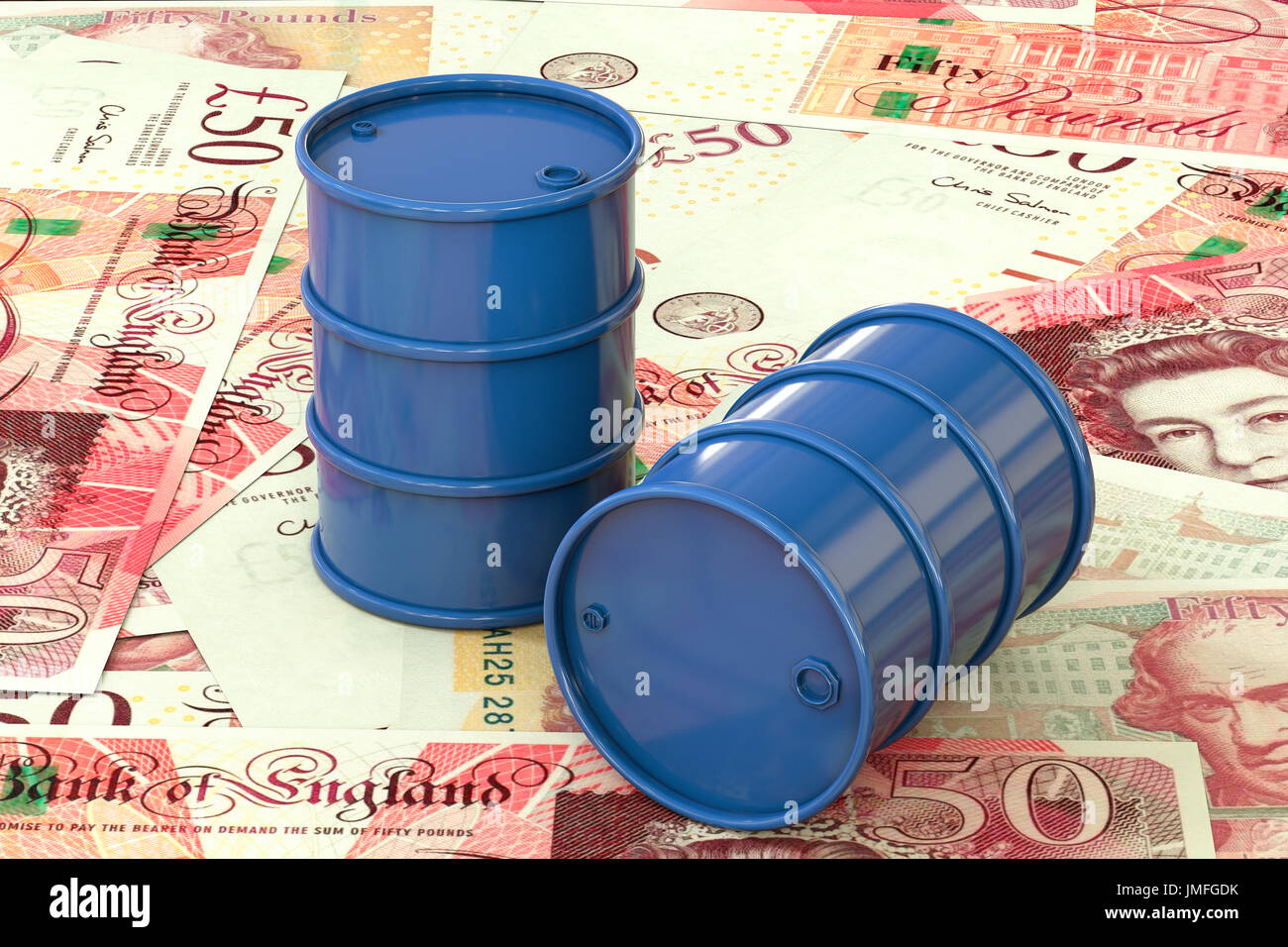 3d illustration: Blue barrels of oil lie on the background of banknote ...