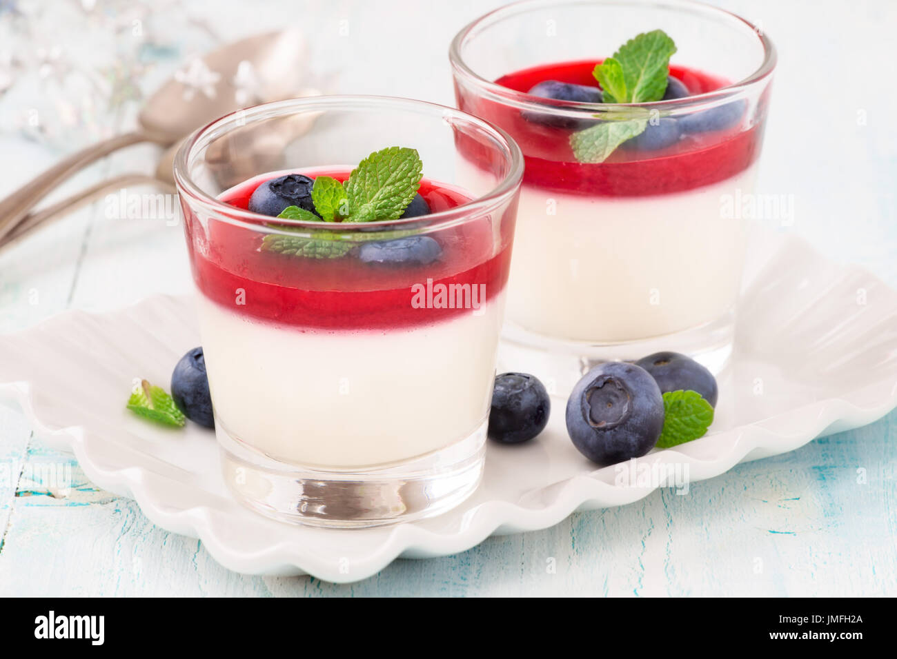 Delicious Italian dessert Panna Cotta with fresh raspberries and mint ...