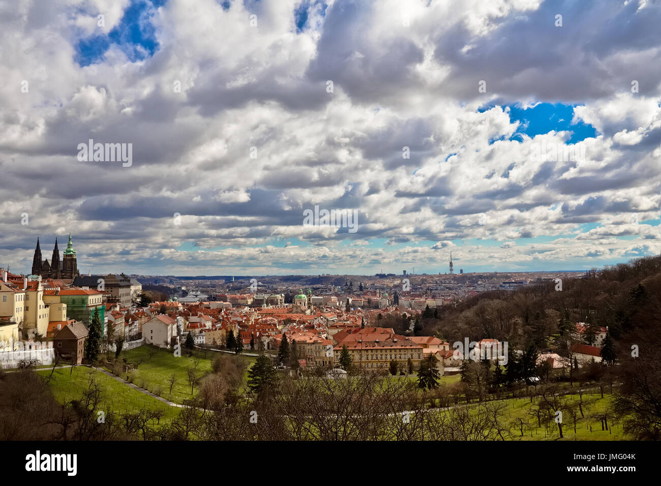 Panorama of Prague, view from hills to old town and St. Vitus Cathedral ...