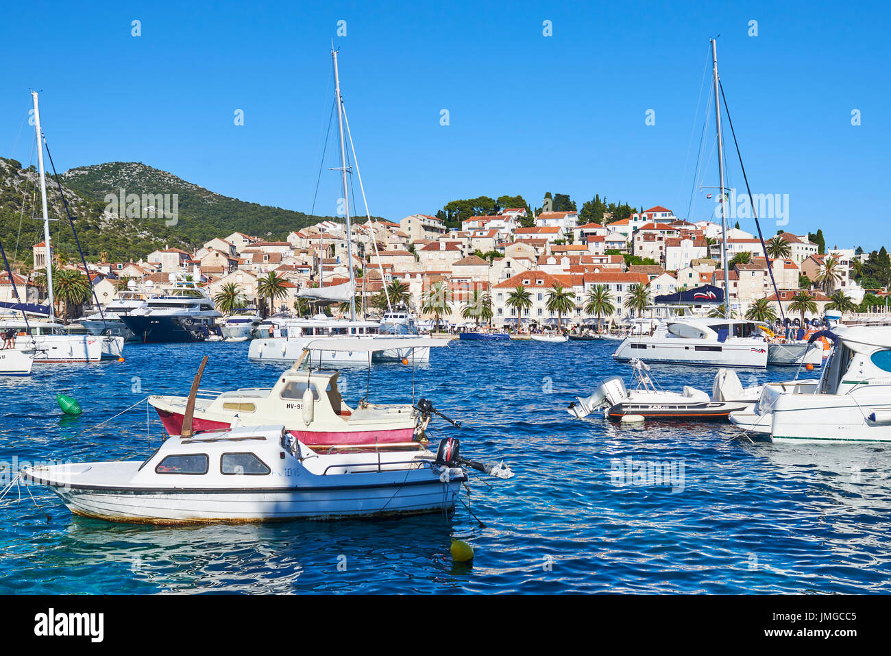 Hvar harbour in old town Hvar. Hvar is very popular tourist destination ...