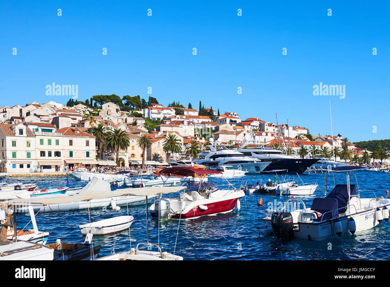 Hvar harbour in old town Hvar. Hvar is very popular tourist destination ...