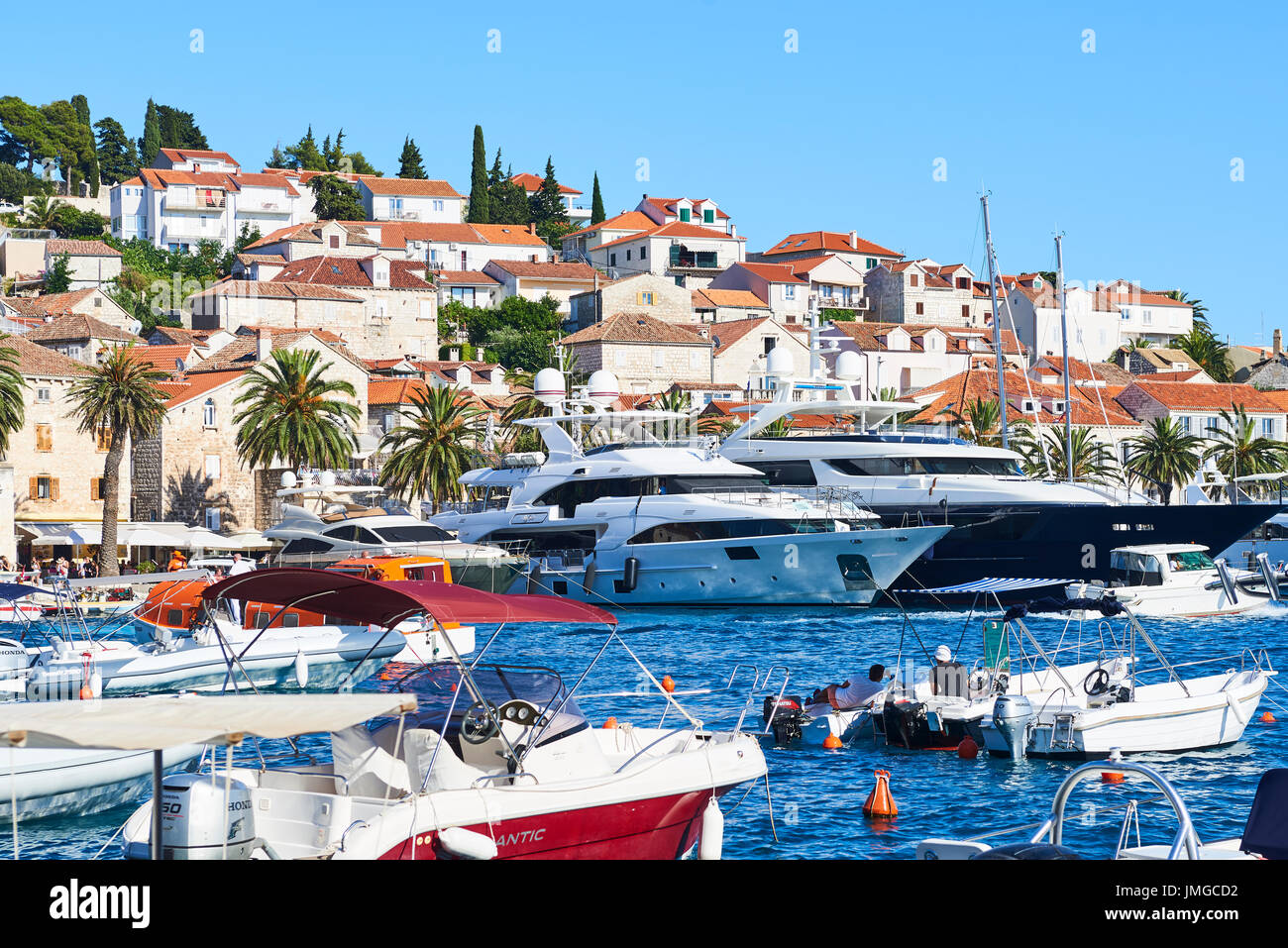 Hvar harbour in old town Hvar. Hvar is very popular tourist destination ...