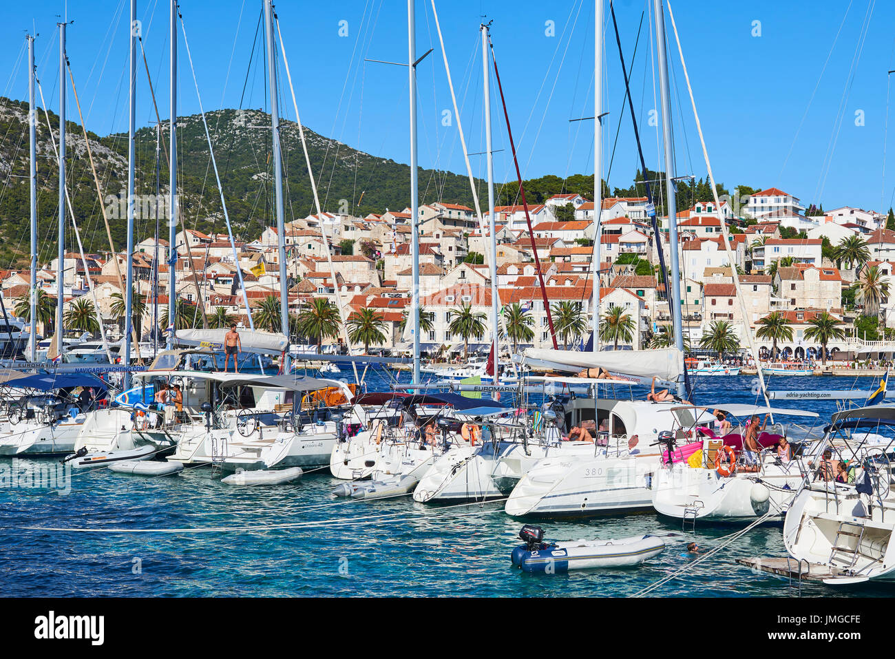 Hvar harbour in old town Hvar. Hvar is very popular tourist destination ...