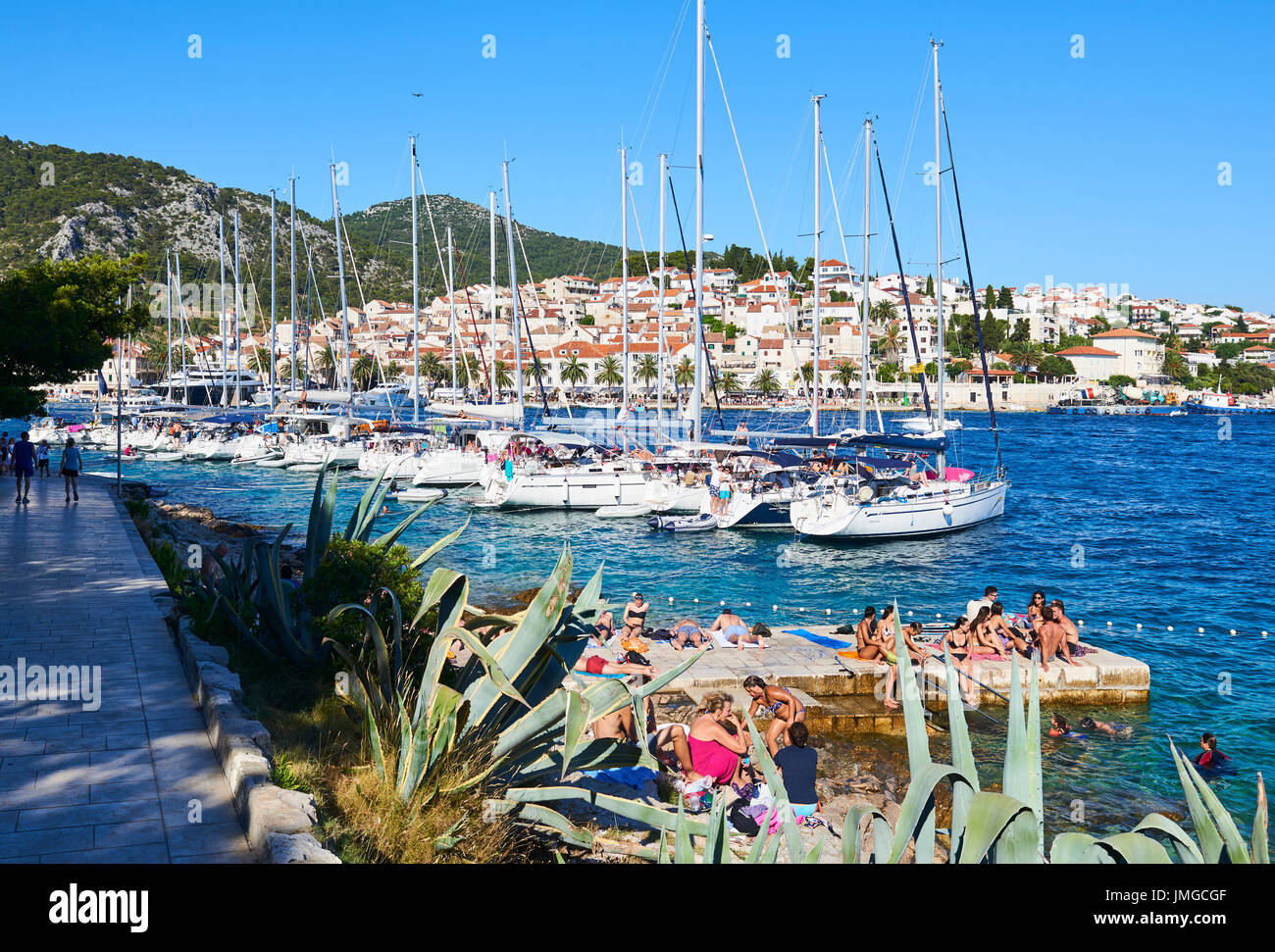 Hvar harbour in old town Hvar. Hvar is very popular tourist destination ...