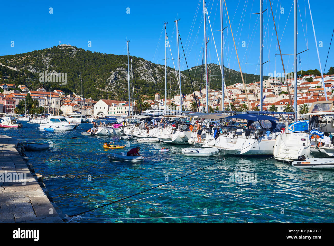 Hvar harbour in old town Hvar. Hvar is very popular tourist destination ...