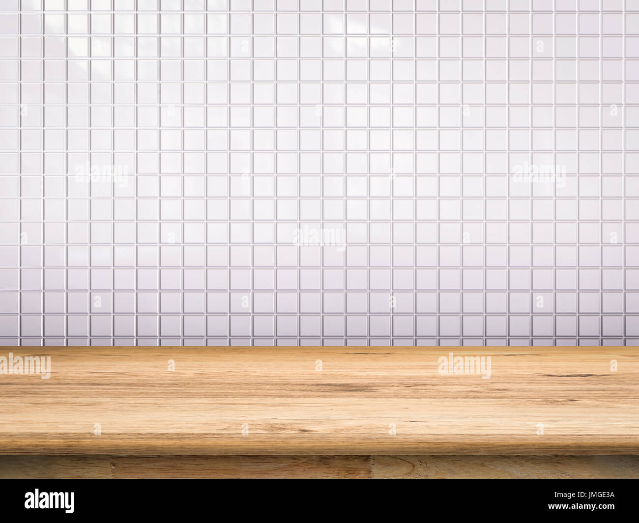 wooden counter with white mosaic tile background Stock Photo - Alamy
