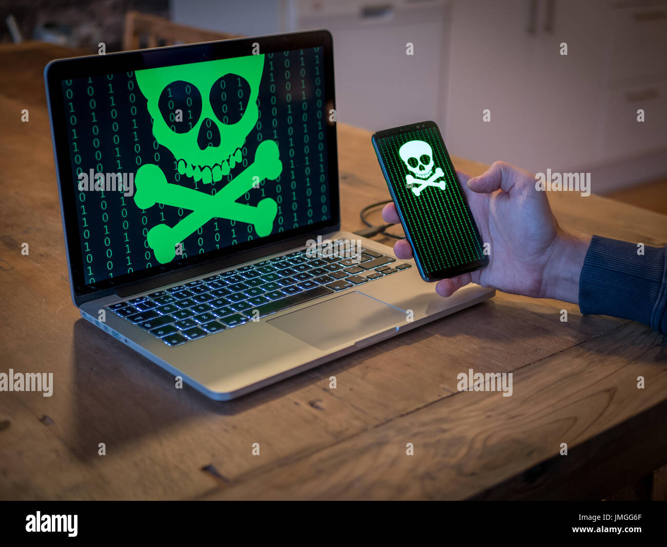 Cell phone and computer is infected by malware or virus Stock Photo - Alamy