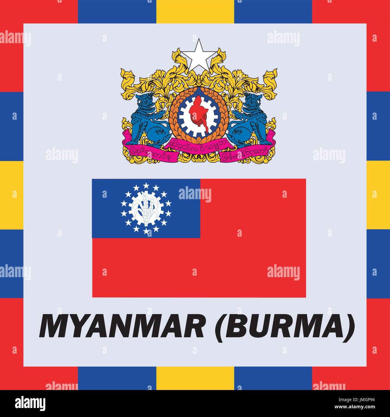 Official ensigns, flag and coat of arm of Myanmar (Burma Stock Vector ...