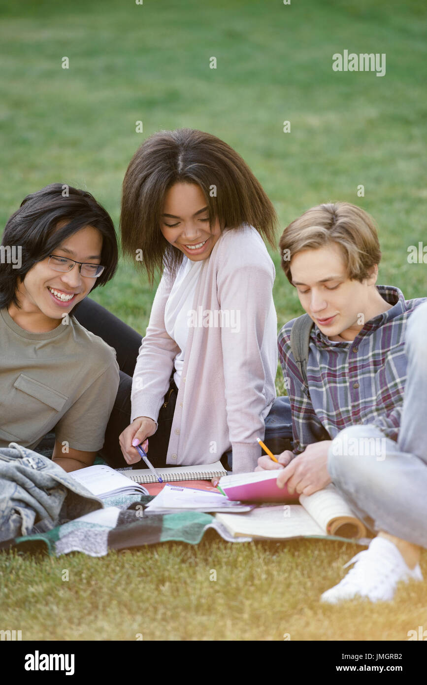 Picture of young happy group of multiethnic students studying outdoors. Looking aside Stock ...