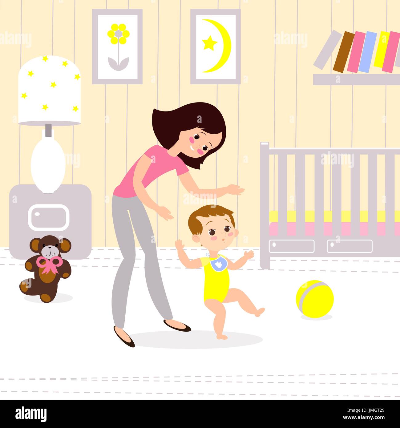 Mom and baby in the childrens room. The first seps of the child Stock ...