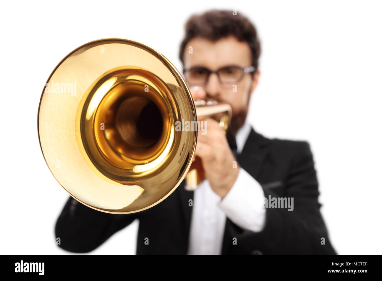 Trumpet player isolated on white background Stock Photo - Alamy