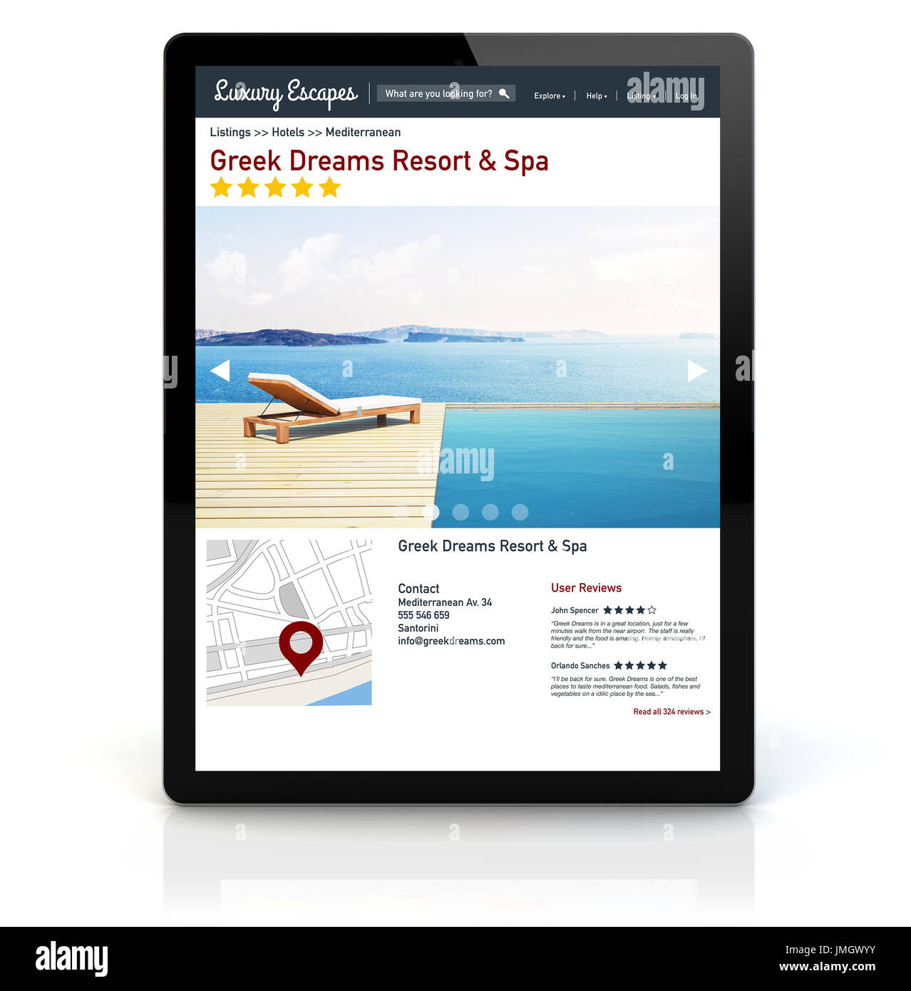 online tourism concept: render of a tablet pc with resort spa hotel ...