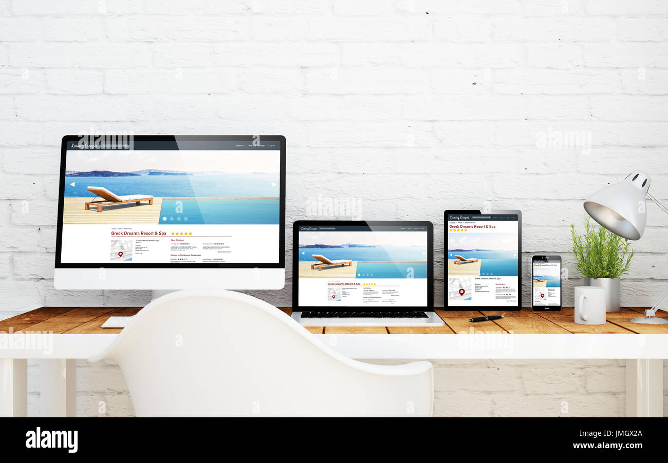 multidevice desktop with resort and spa website on screens. 3d ...