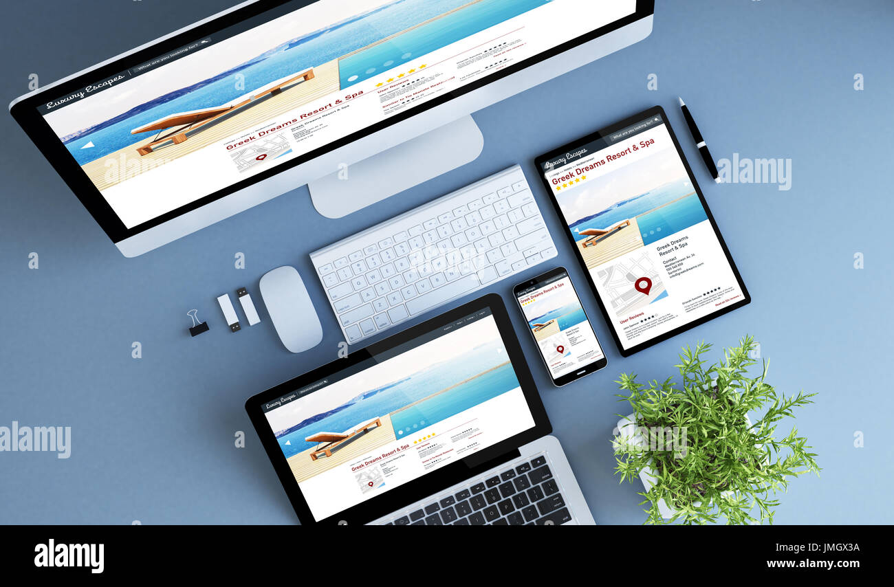 blue devices top view booking hotel resort spa 3d rendering Stock Photo ...