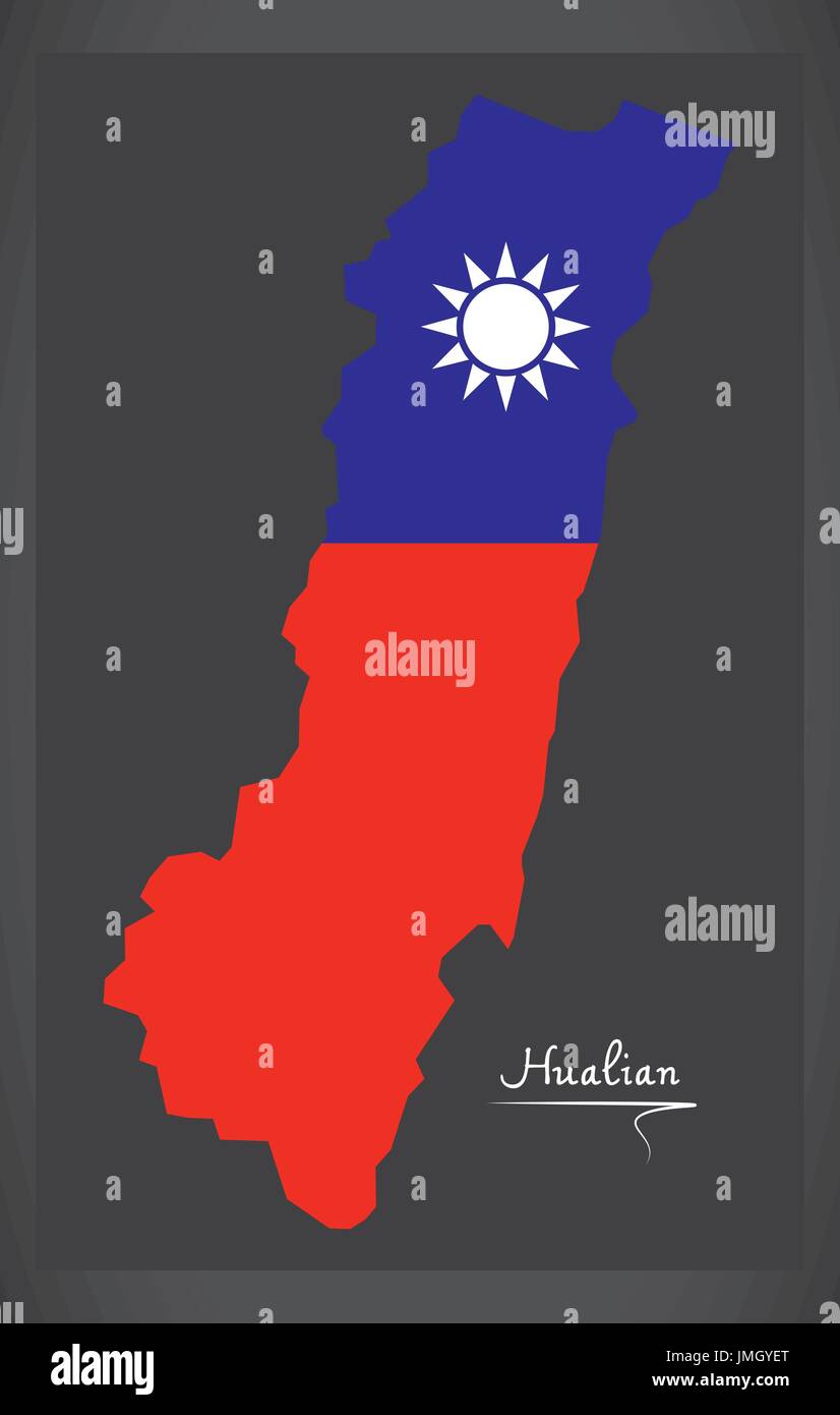 Hualian Taiwan map with Taiwanese national flag illustration Stock ...