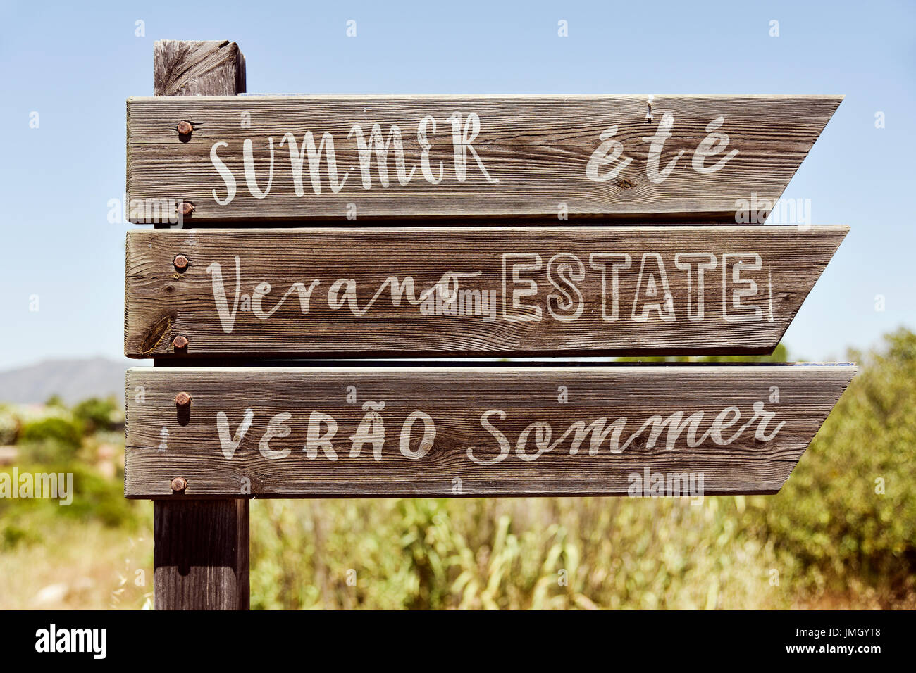 closeup of a rustic wooden signpost in a natural landscape with the ...