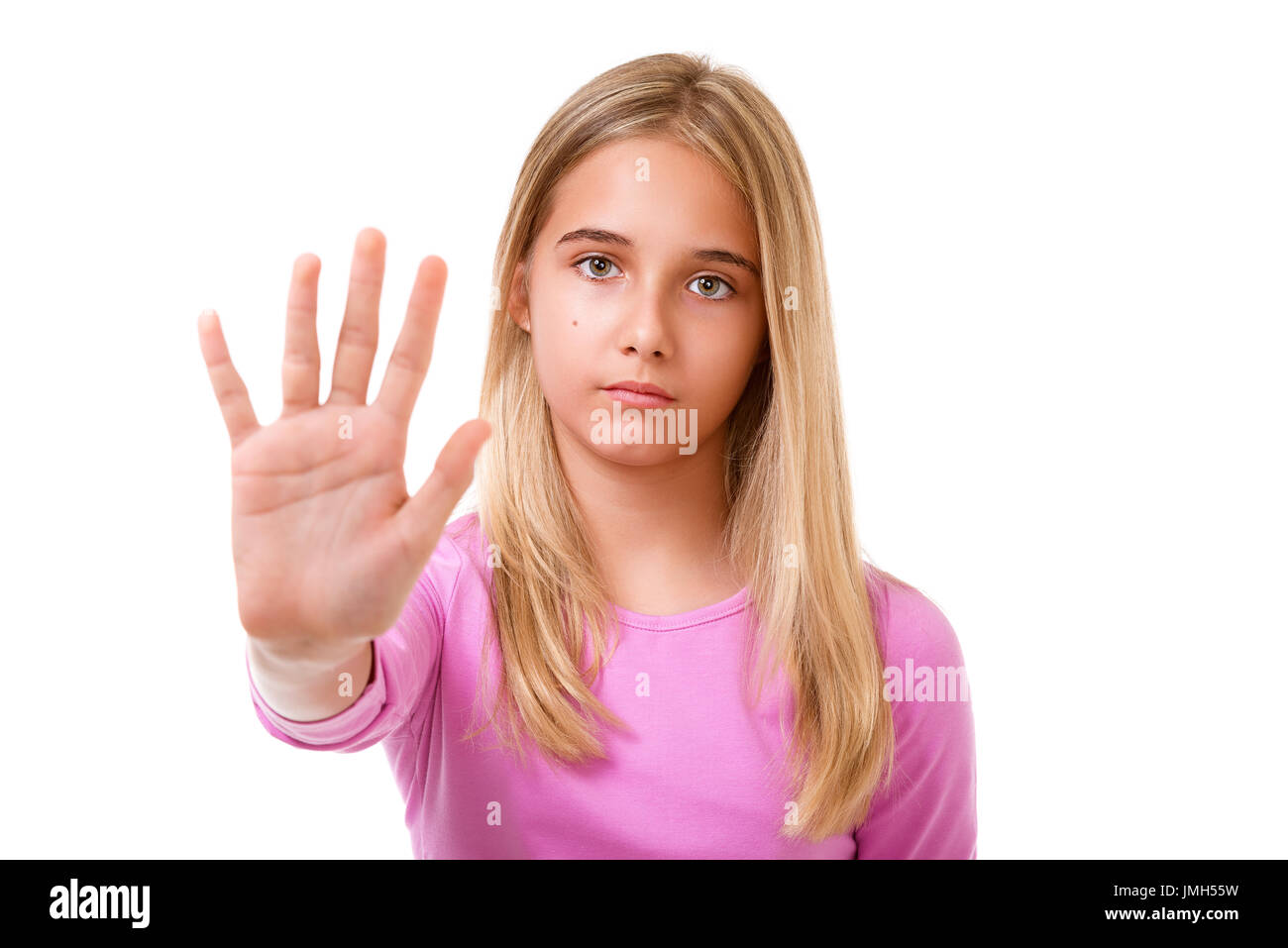 Picture of young lovely girl making stop gesture.White background Stock ...