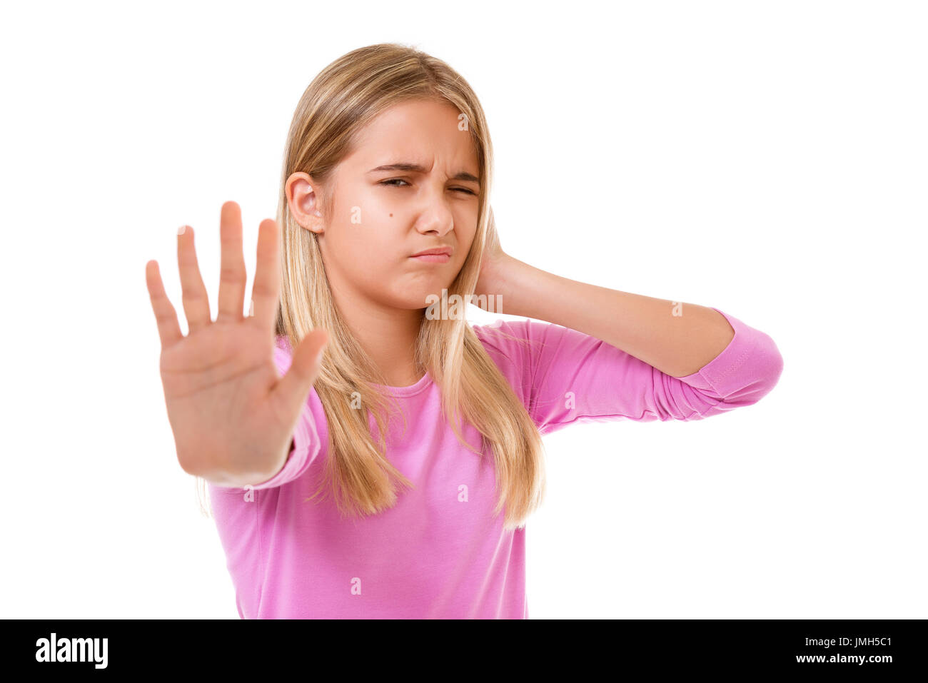 Picture of young lovely girl making stop gesture.White background Stock ... Picture of young lovely girl making stop gesture.White background Stock ...