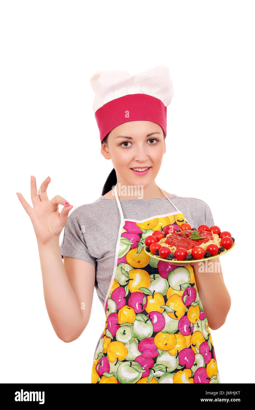 beautiful girl cook with spaghetti and ok hand sign Stock Photo - Alamy