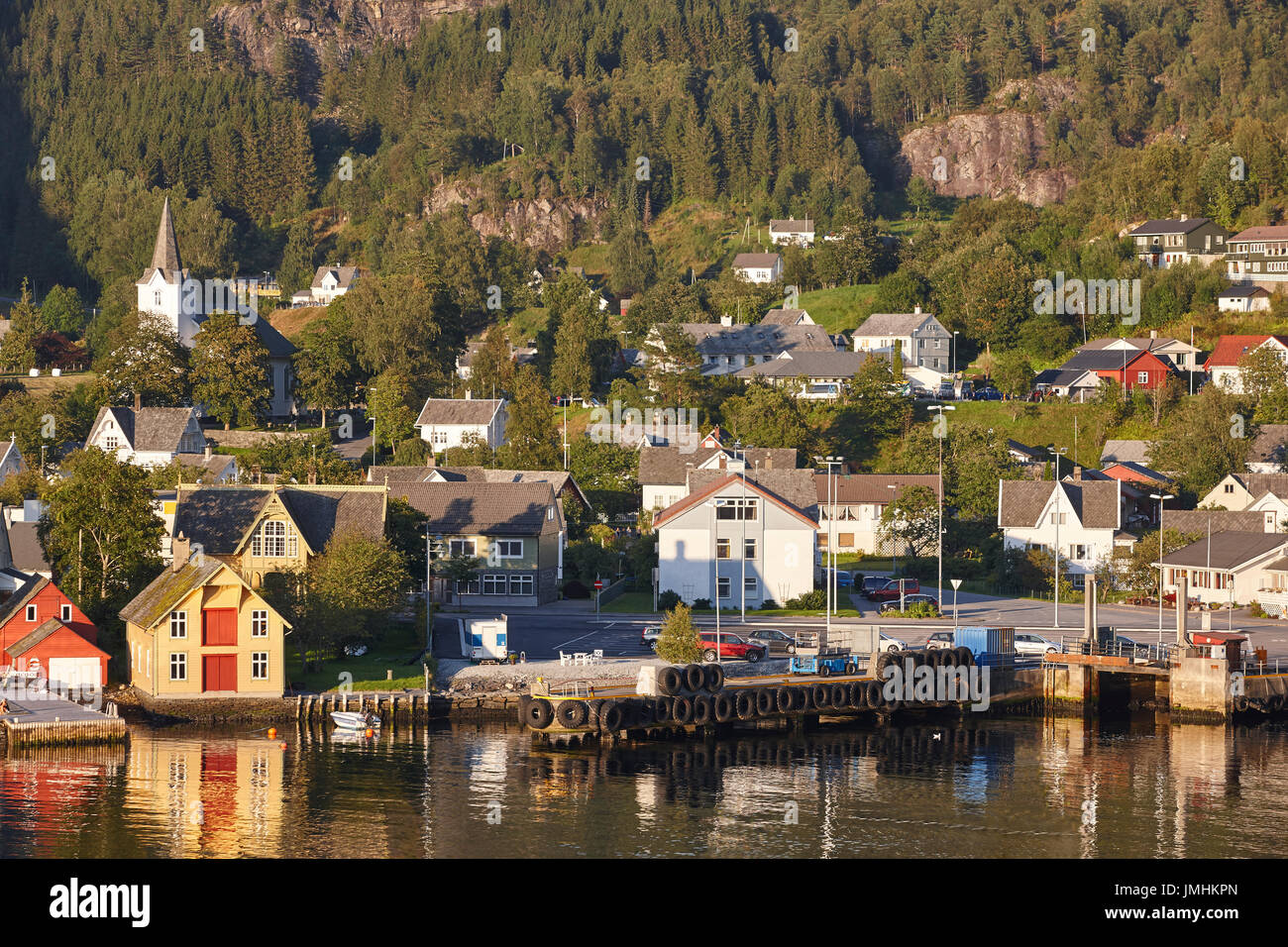 Traditional norwegian fjord village with harbor. Jondal. Hardanger ...