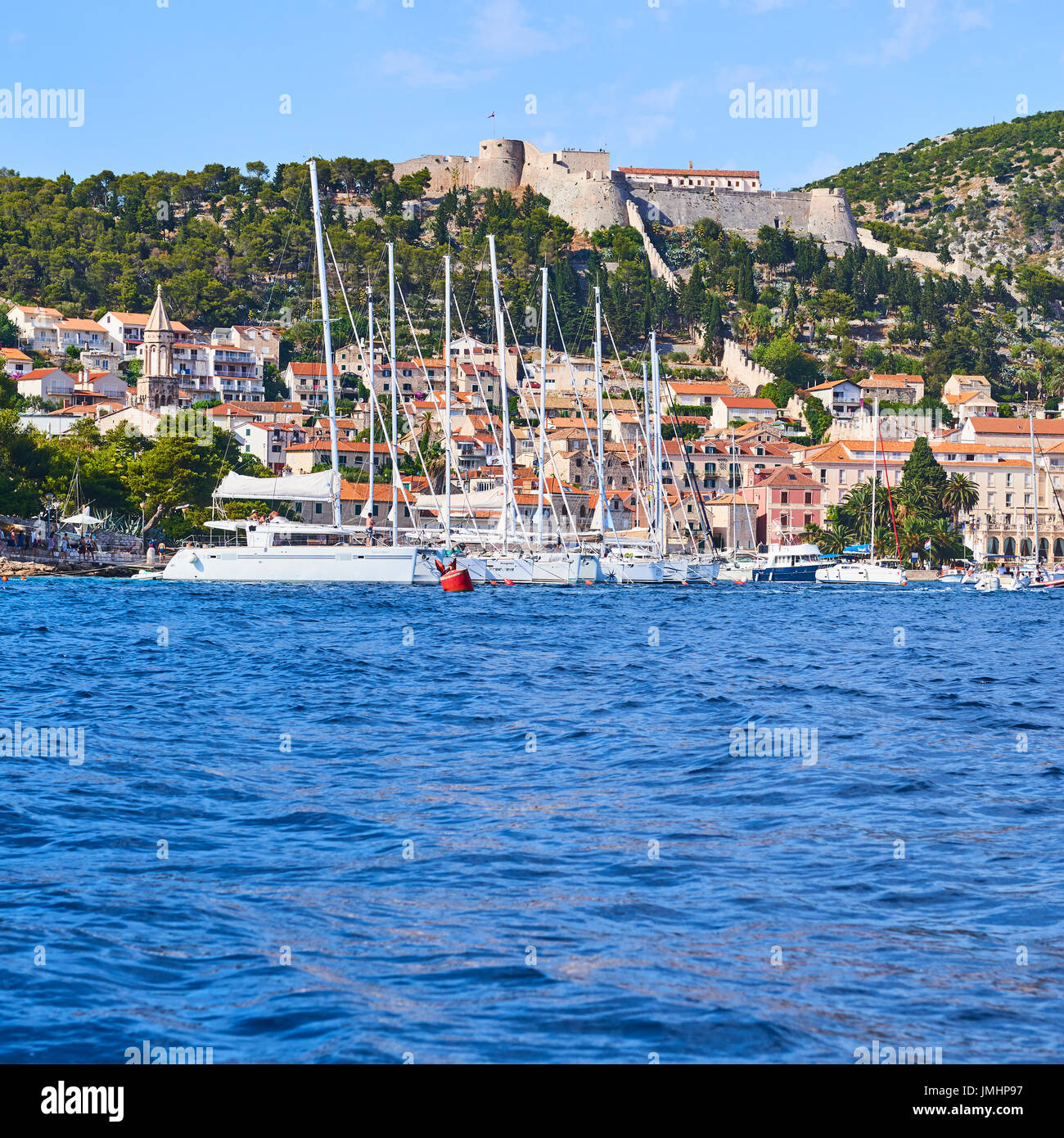 Hvar harbour in old town Hvar. Hvar is very popular tourist destination ...
