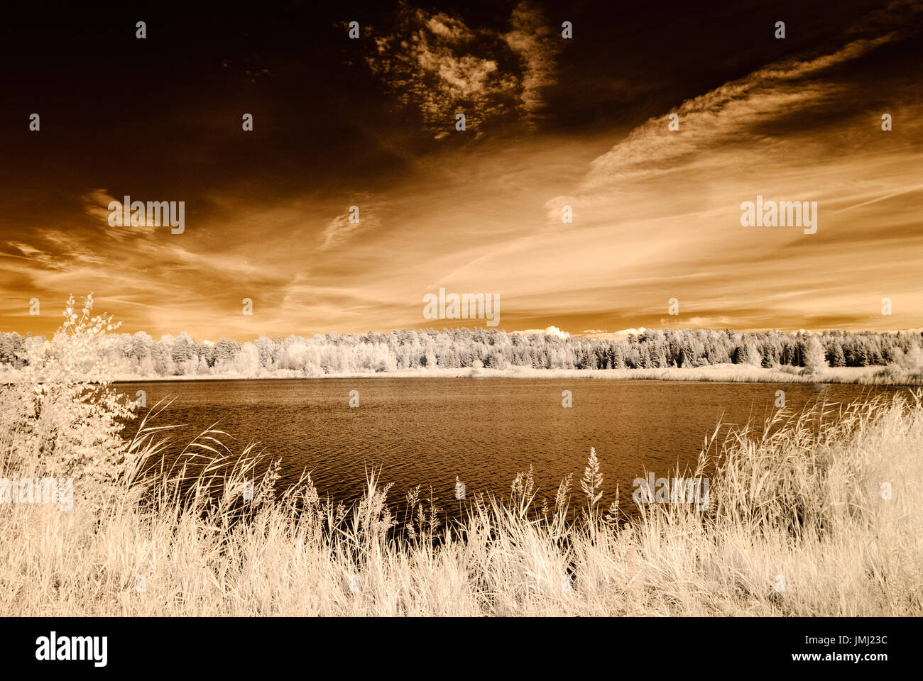 infrared camera image. colored. reflections of clouds in water in ...